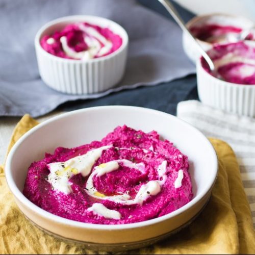 Creamy beetroot hummus made using baby and pickled beetroot