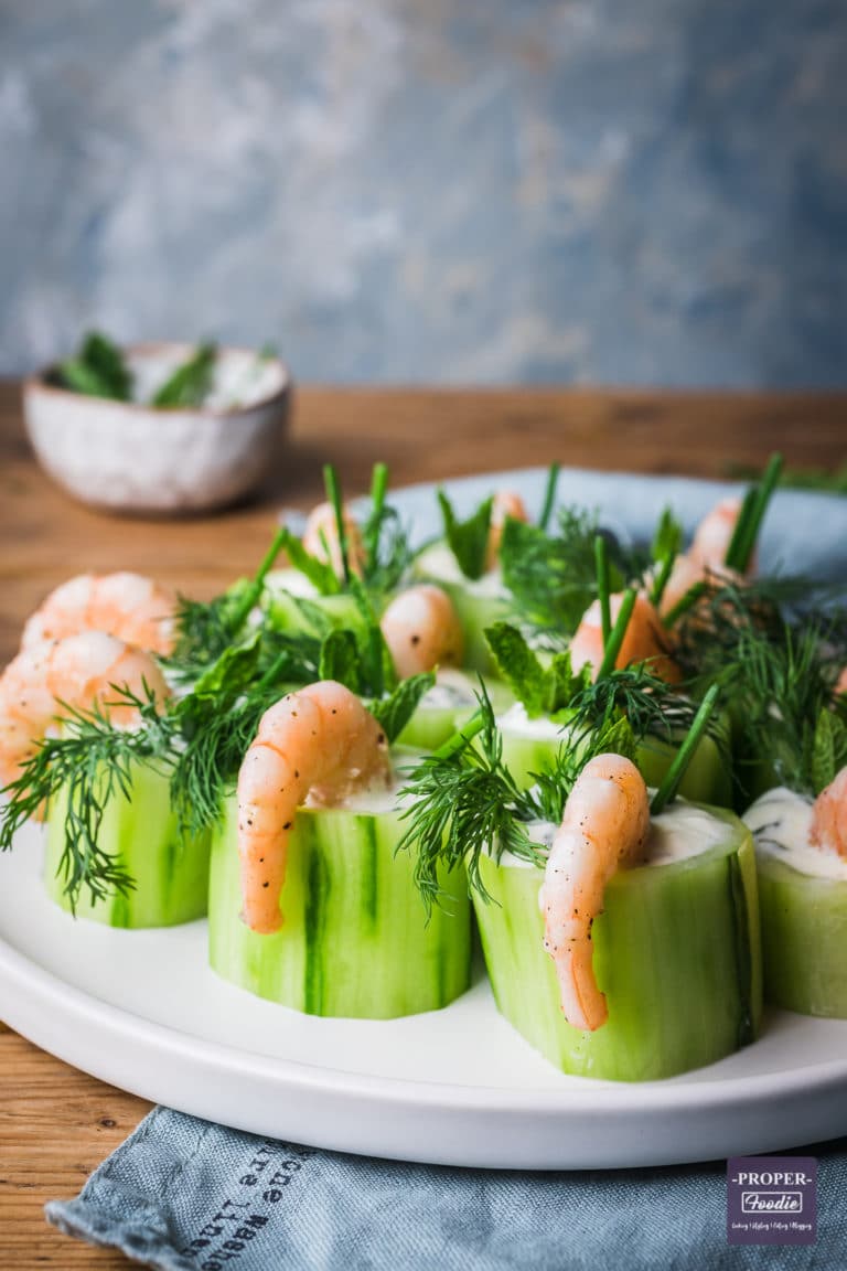 Cucumber canapes with prawns and tzatziki - ProperFoodie